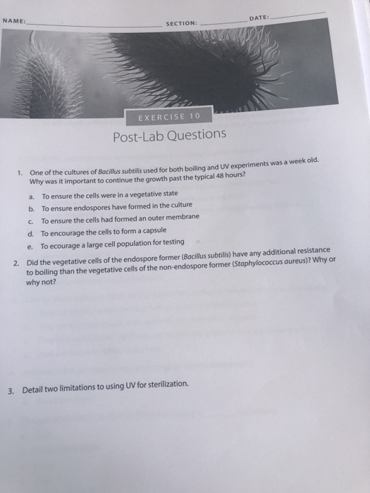 Solved NAME: DATE: SECTION: EXERCISE 10 Post-Lab Questions a | Chegg.com