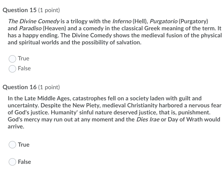 Solved Question 15 (1 point) The Divine Comedy is a trilogy | Chegg.com