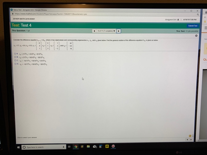 Solved Test: Test 4 Take Test-dongyeon kim -Google Chrom | Chegg.com