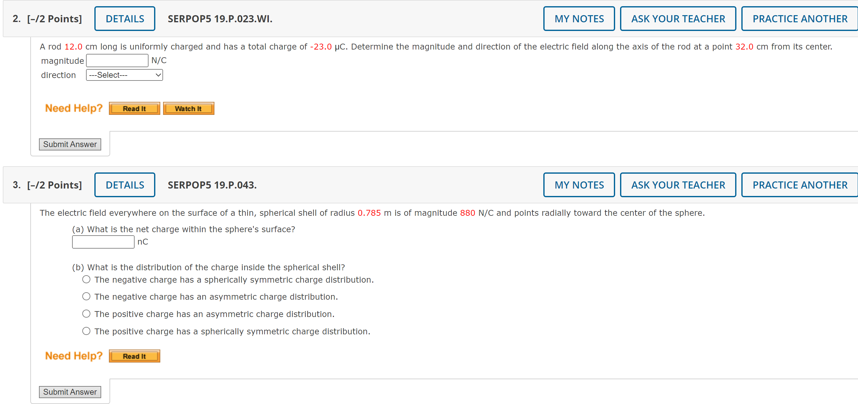 Solved 2. [-/2 Points] SERPOP5 19.P.023.WI. magnitude N/C | Chegg.com