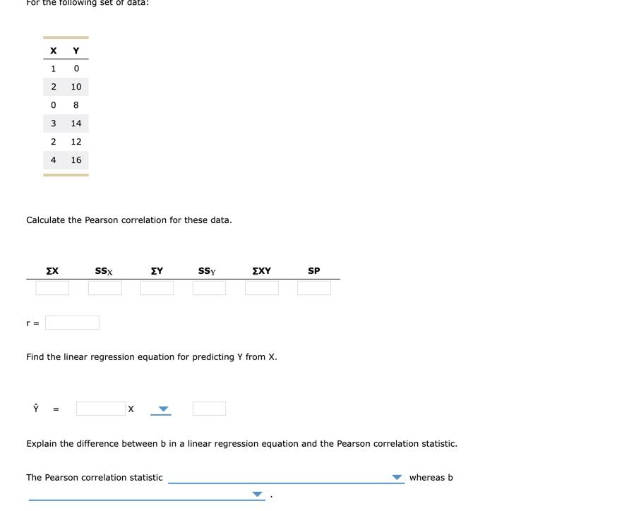 Solved For the following set of data: x х Y 1 0 2. 2 10 0 8 | Chegg.com