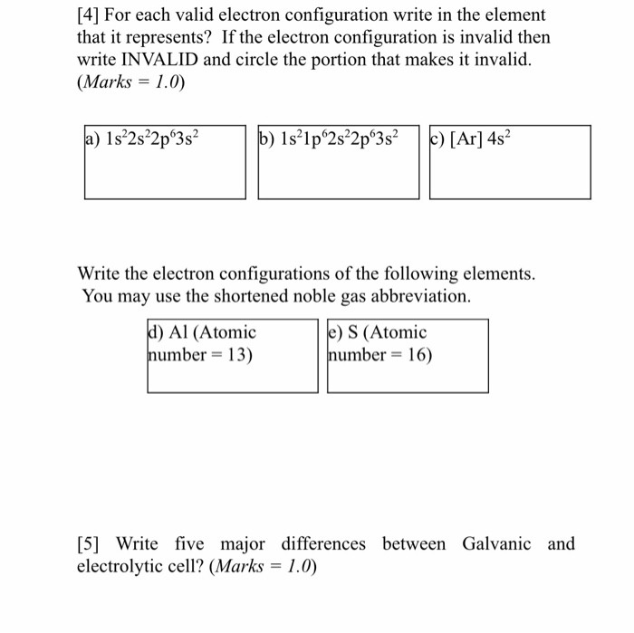 Solved [4] For each valid electron configuration write in | Chegg.com