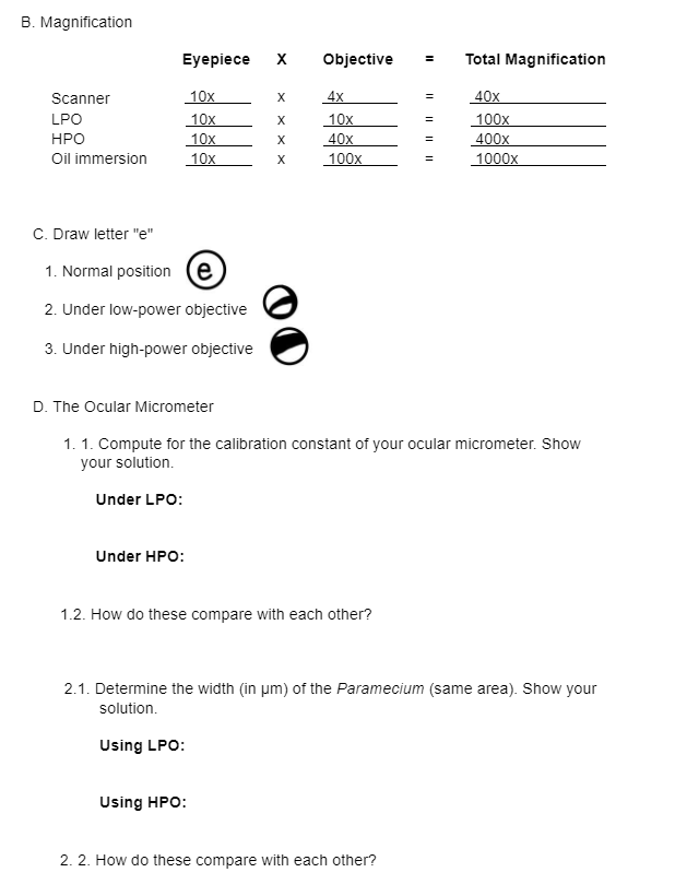 Solved B. Magnification Eyepiece X Objective II Total | Chegg.com