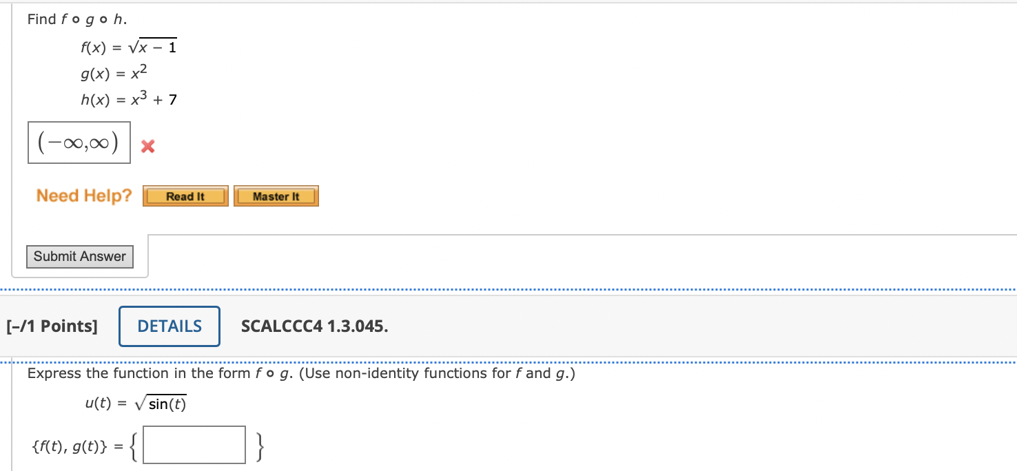 Solved Find f∘g∘h. f(x)=x−1g(x)=x2h(x)=x3+7 -/1 Points] | Chegg.com