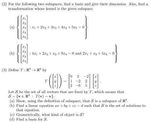 Solved (2) For the following two subspaces, find a basis and | Chegg.com