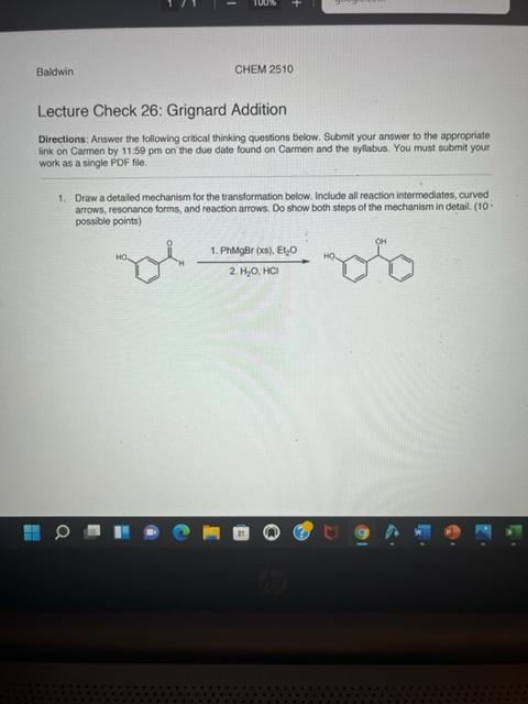 Solved TUR Baldwin CHEM 2510 Lecture Check 26: Grignard | Chegg.com