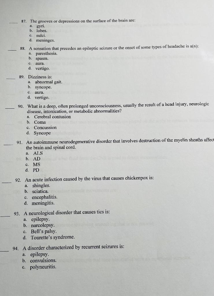 Solved a. a. 87. The grooves or depressions on the surface | Chegg.com
