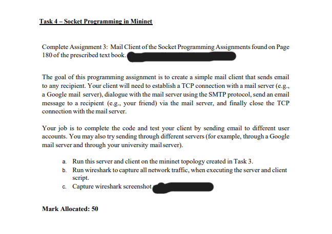 Solved Task 4-Socket Programming in Mininet Complete | Chegg.com