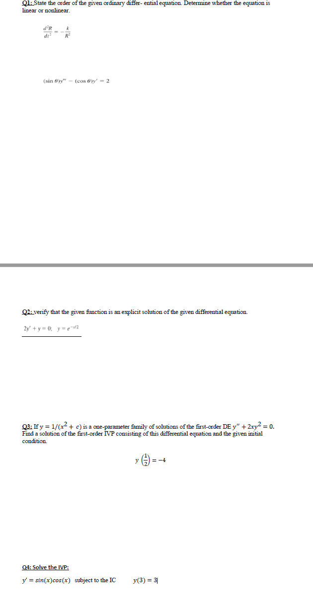 Solved Q1: State the order of the given ordinary differ- | Chegg.com