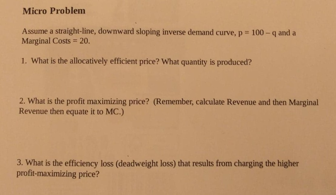 Solved Micro Problem Assume a straight-line, downward | Chegg.com