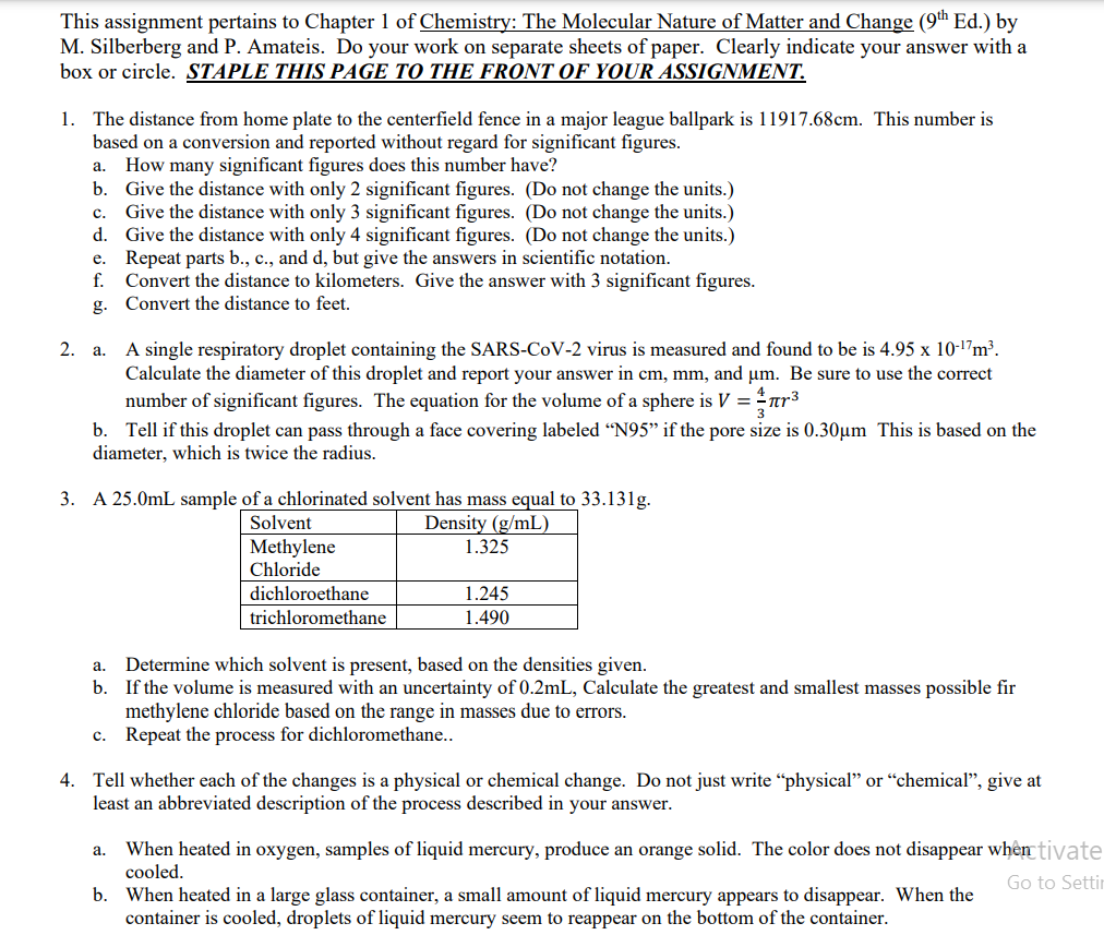 Solved This assignment pertains to Chapter 1 of Chemistry: | Chegg.com