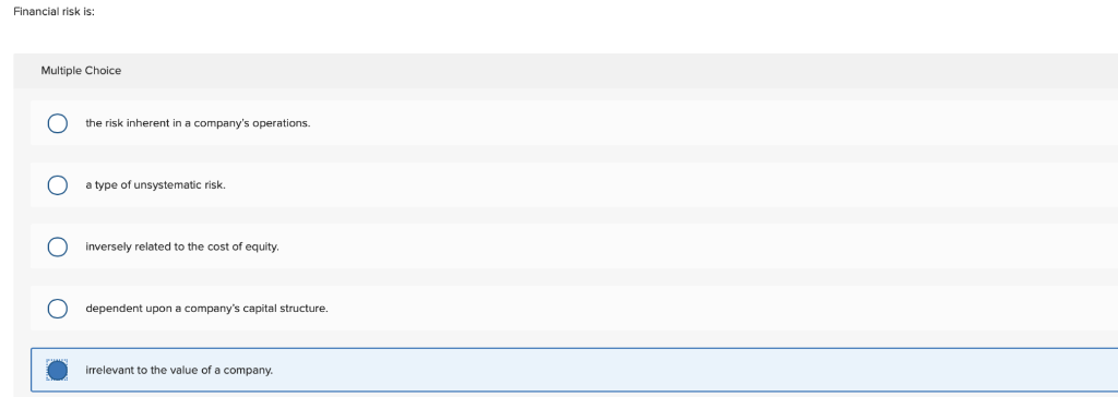 Solved Financial risk is: Multiple Choice the risk inherent | Chegg.com