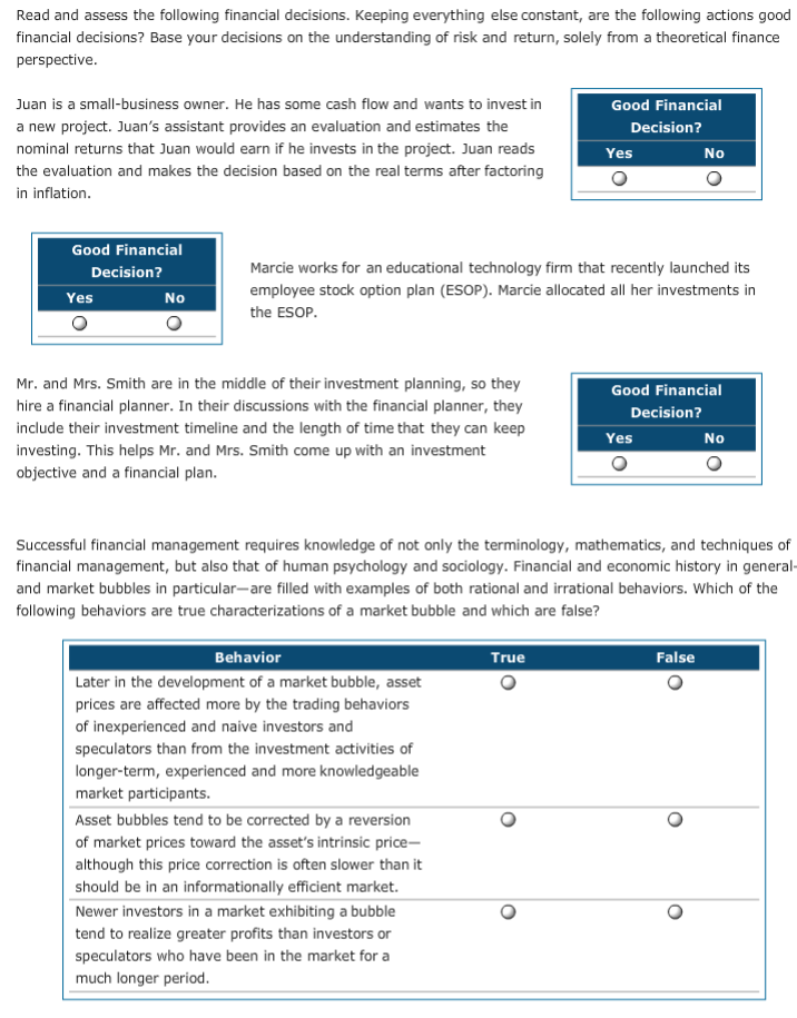 Solved Read and assess the following financial decisions. | Chegg.com