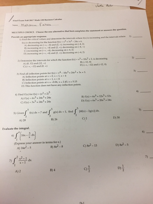 Solved Juhn /m Fieal Esam Fall 2017 Math 238 Rusiness | Chegg.com