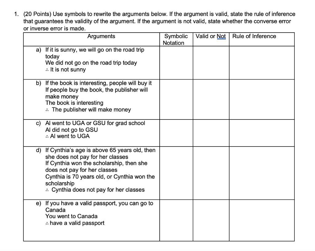 Solved (20 Points) Use symbols to rewrite the arguments | Chegg.com