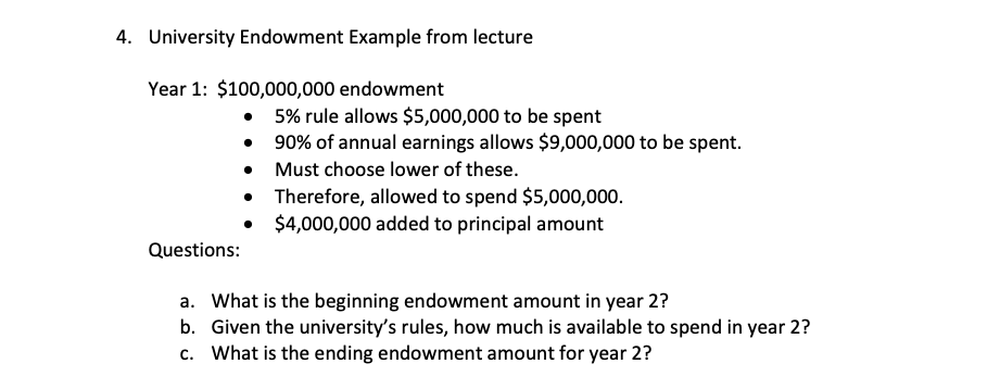 4. University Endowment Example from lecture Year 1: | Chegg.com