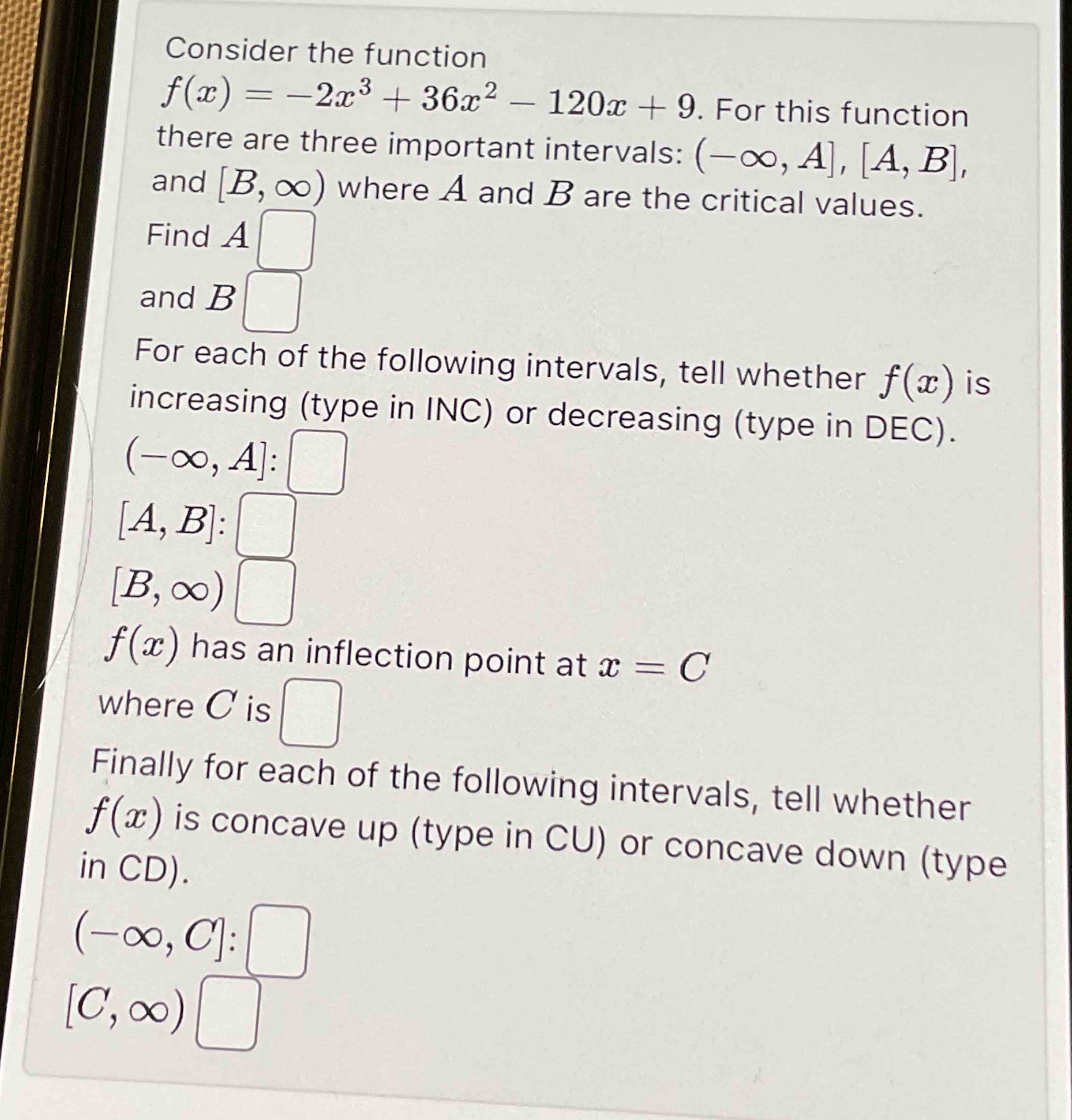 Solved Consider the functionf(x)=-2x3+36x2-120x+9. ﻿For this | Chegg.com