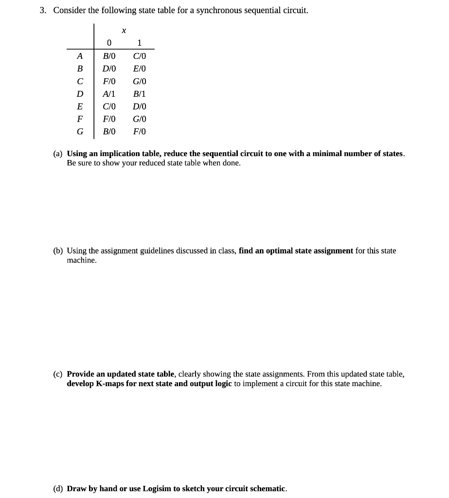 Solved 3. Consider the following state table for a | Chegg.com