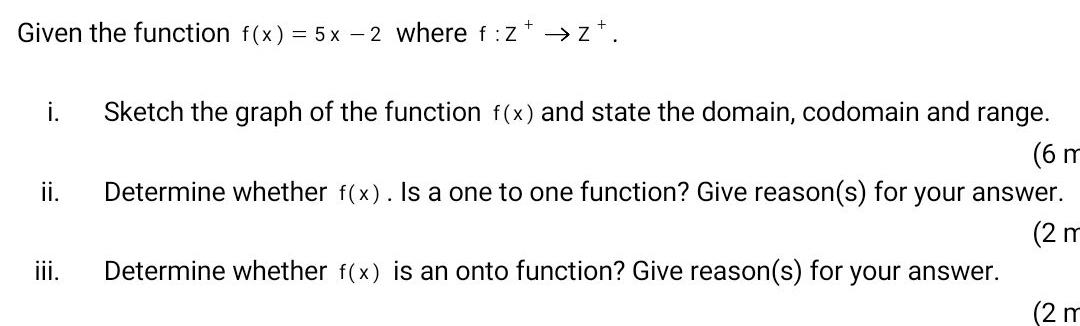 Solved Given the function f(x)=5x−2 where f:z+→z+. i. Sketch | Chegg.com
