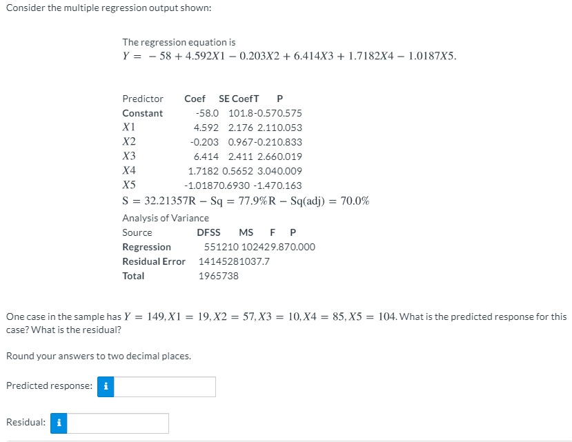 Solved Consider the multiple regression output shown: The | Chegg.com
