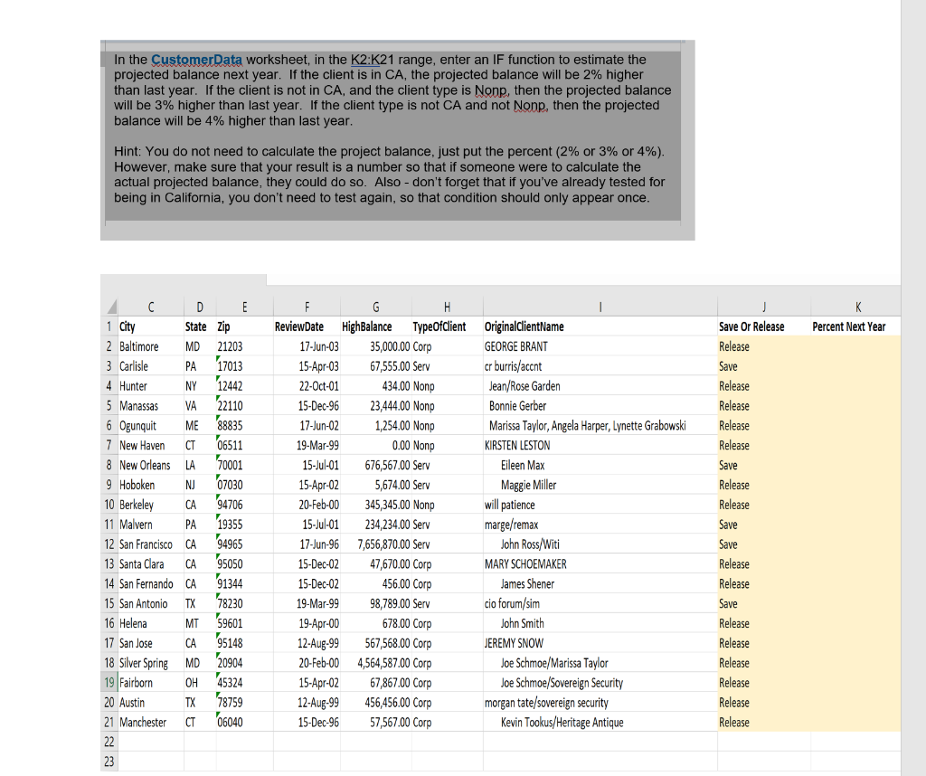 Solved In the CustomerData worksheet, in the K2:K21 range, | Chegg.com