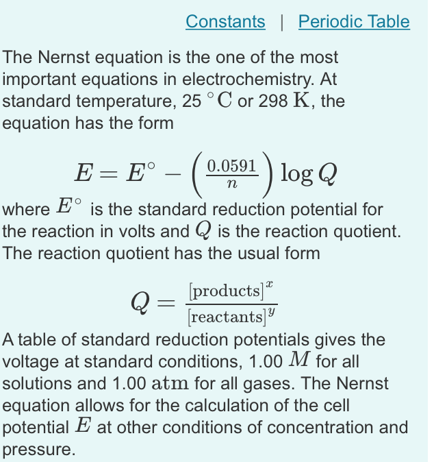 Solved Constants |Periodic Table The Nernst equation is the | Chegg.com