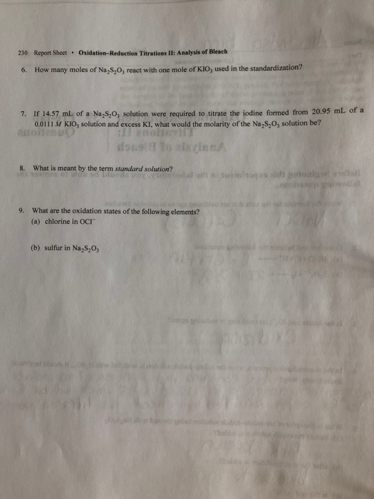 Solved 230 Report Sheet Oxidation-Reduction Titrations II: | Chegg.com Solved 230 Report Sheet Oxidation-Reduction Titrations II: | Chegg.com