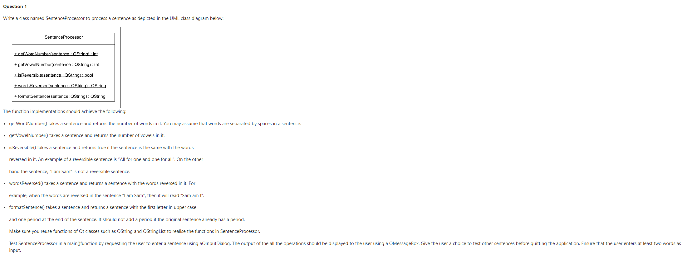 Solved Question 1 Write a class named SentenceProcessor to | Chegg.com