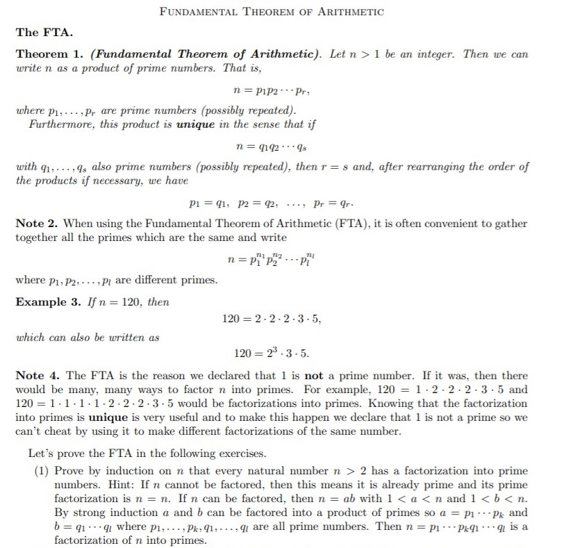 Solved FUNDAMENTAL THEOREM OF ARITHMETIC The FTA. Theorem 1. | Chegg.com