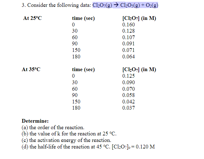Solved 3. Consider the following data: Cl2O7( g)→Cl2O5( | Chegg.com