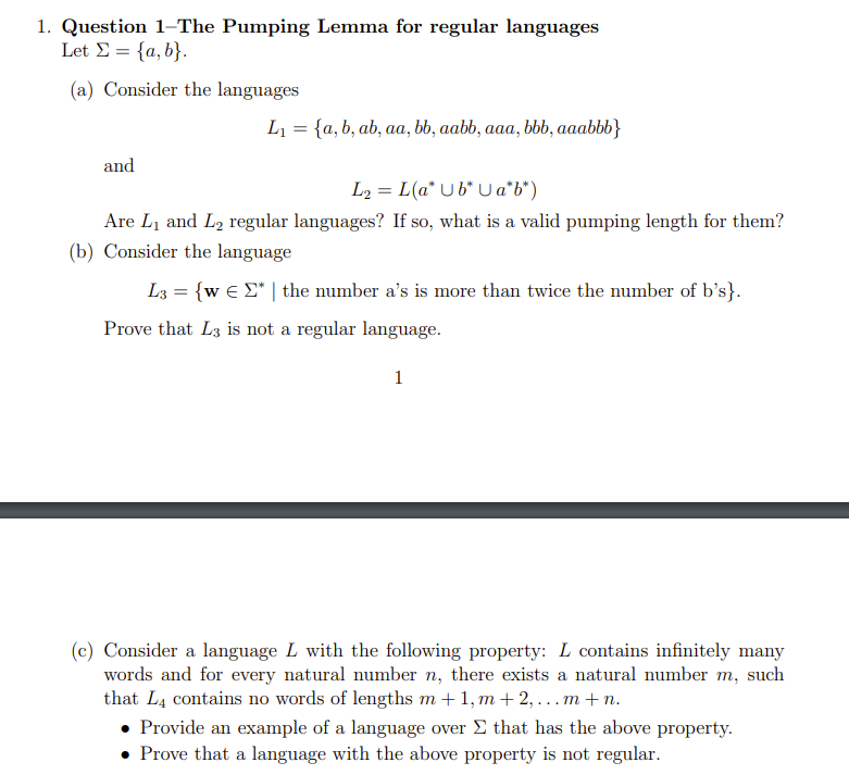 Solved Question 1-The Pumping Lemma for regular languages | Chegg.com
