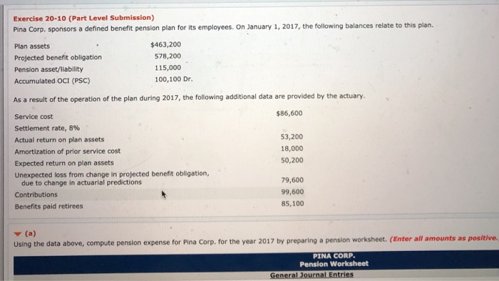 Solved Exercise 20-10 (Part Level Submission) Pina Corp. | Chegg.com