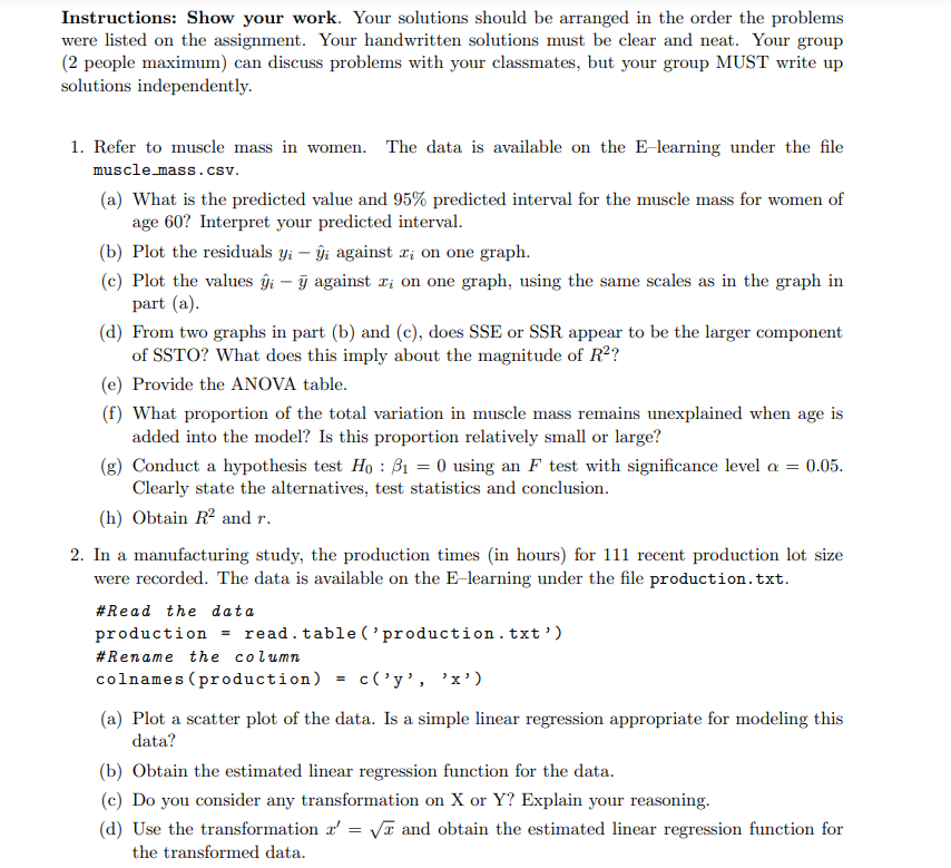 Muscle mass data: Obs mass age1 106 432 106 413 97 | Chegg.com