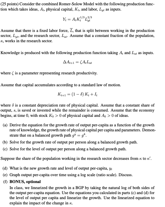 (25 points) Consider the combined Romer-Solow Model | Chegg.com