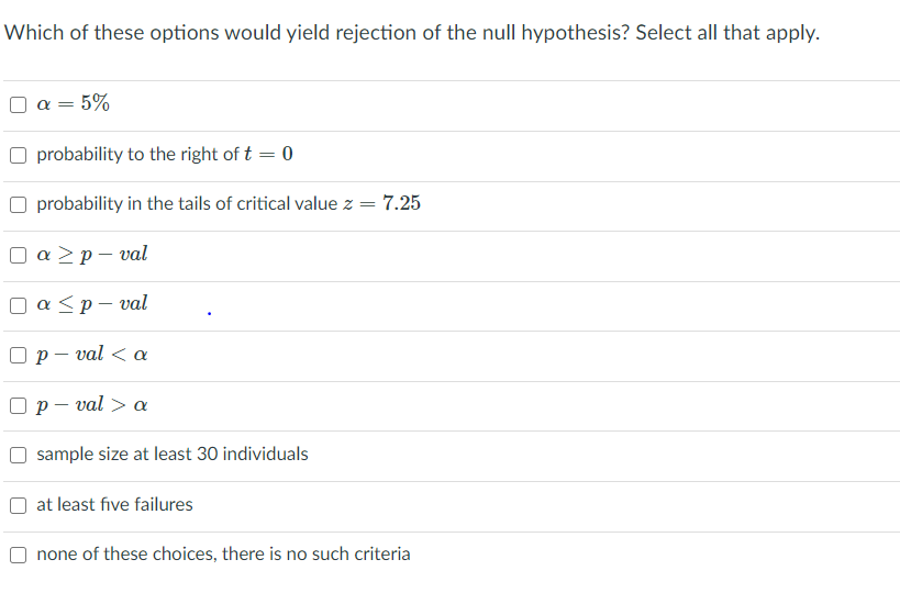Solved Which of these options would yield rejection of the | Chegg.com