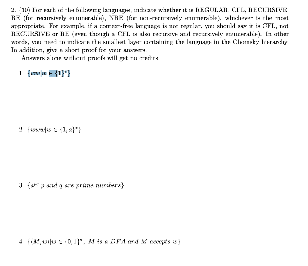Solved 2. (30) For each of the following languages, indicate | Chegg.com