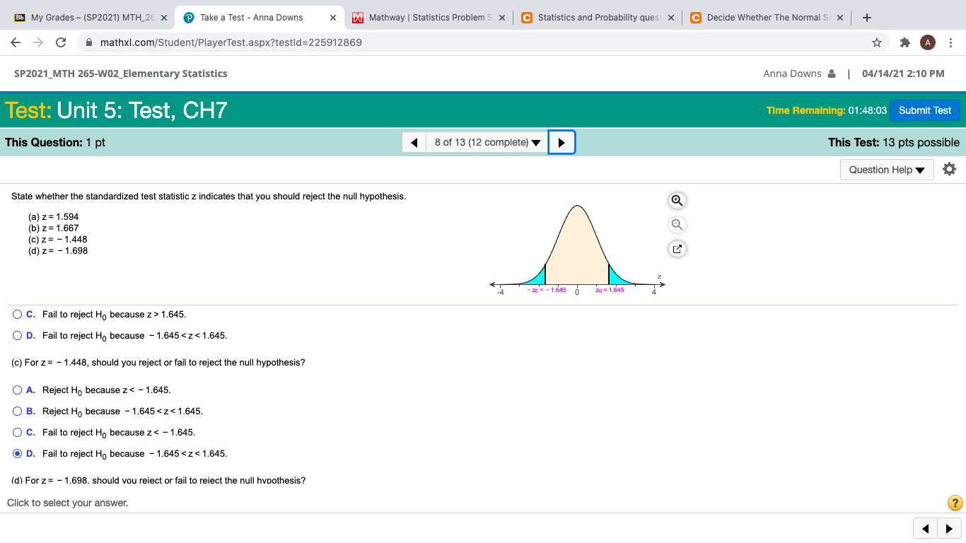 Solved Bb My Grades - (SP2021) MTH_26 X Take a Test - Anna | Chegg.com