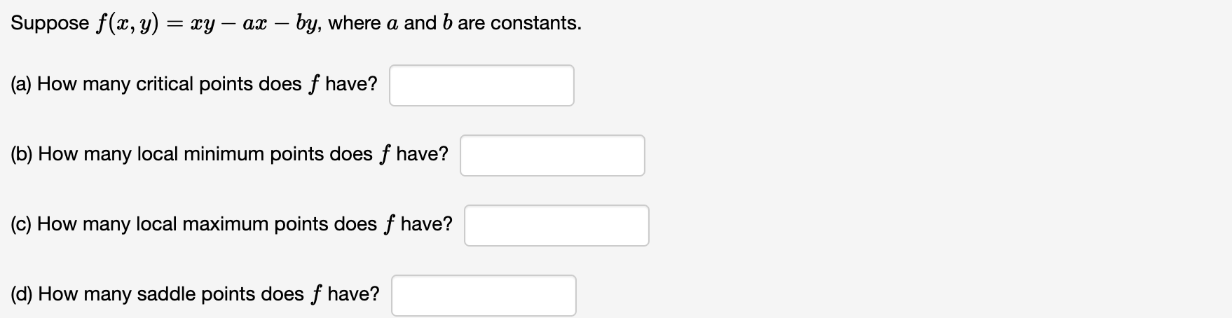 Solved Suppose f(x,y)=xy−ax−by, where a and b are constants. | Chegg.com