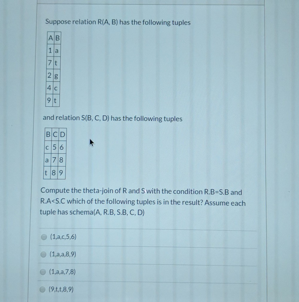 Solved Suppose relation R(A,B) has the following tuples and | Chegg.com Solved Suppose relation R(A,B) has the following tuples and | Chegg.com