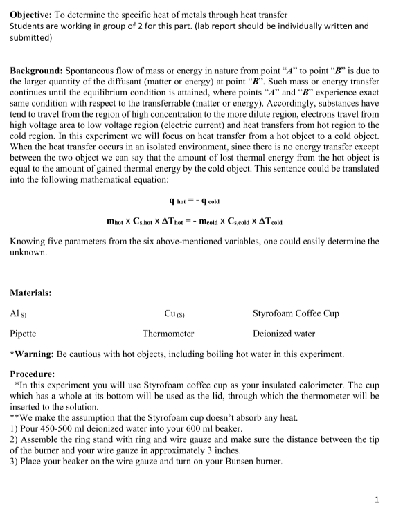 Solved Objective: To determine the specific heat of metals | Chegg.com