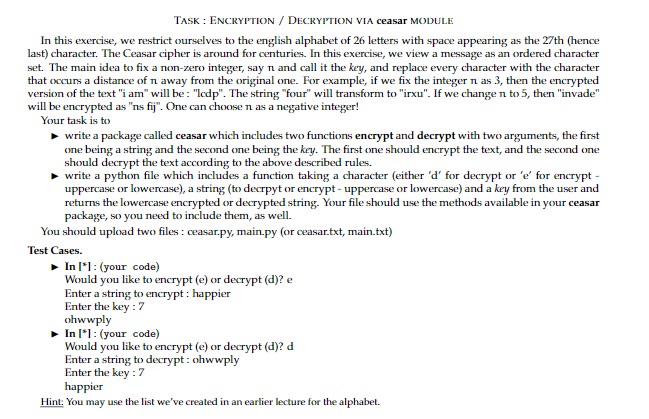 Solved TASK : ENCRYPTION / DECRYIPTION VIA ceasar MODULE In | Chegg.com
