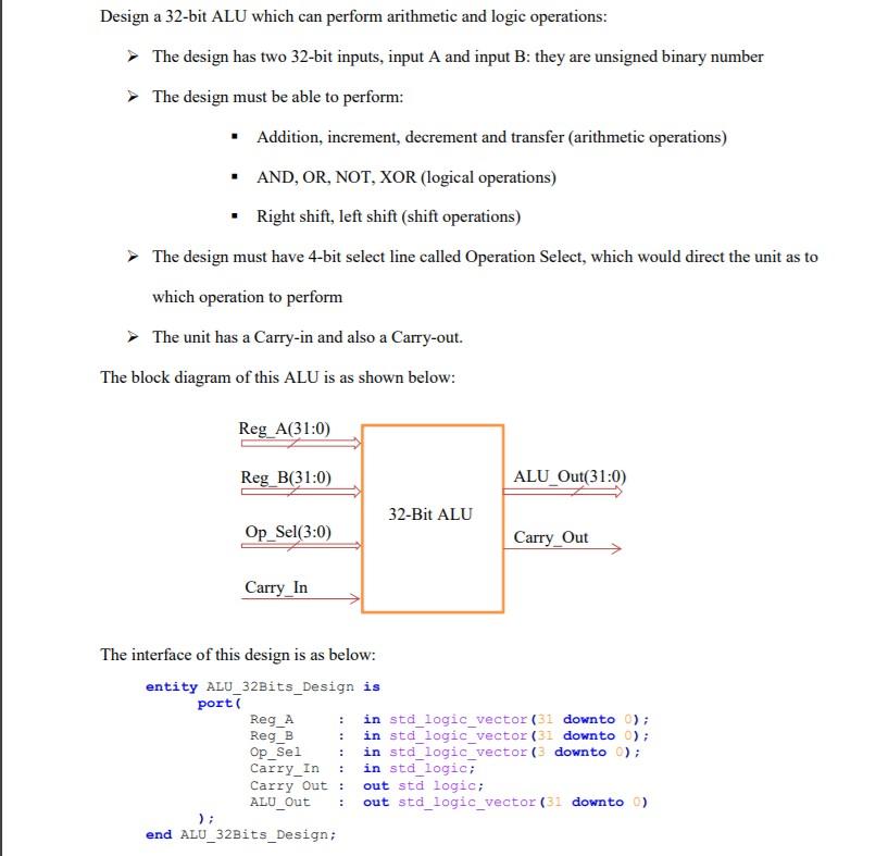 Design a 32-bit ALU which can perform arithmetic and | Chegg.com