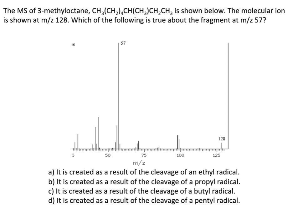 Solved The MS of 3-methyloctane, CH3(CH2)4CH(CH3)CH2CH3 is | Chegg.com