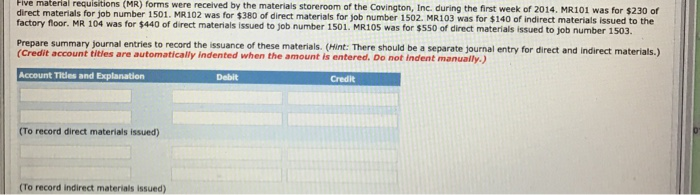 Solved Five (MR) forms were received by the materials | Chegg.com