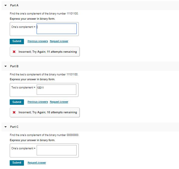 Solved Part A Find the one's complement of the binary number | Chegg.com