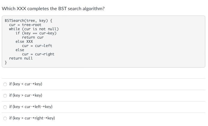 Solved Which XXX completes the BST search algorithm? | Chegg.com