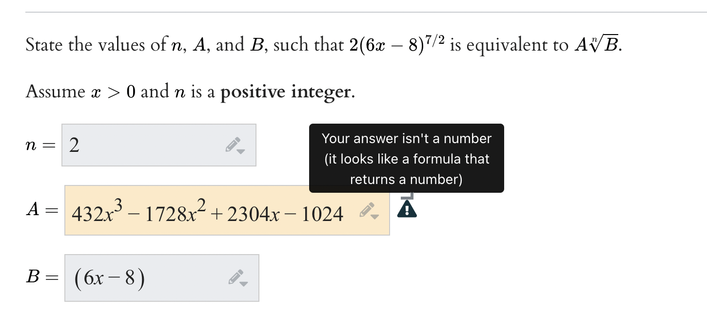 Solved State the values of n, A, and B, such that 2(6x – | Chegg.com