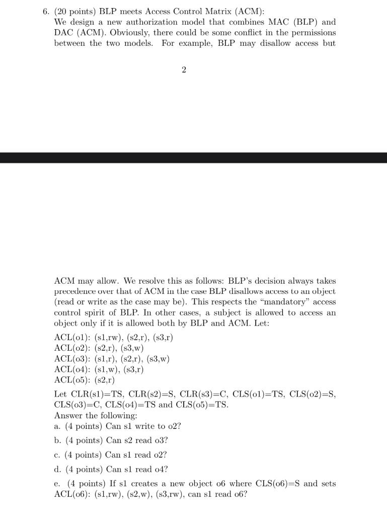 Solved 6. (20 points) BLP meets Access Control Matrix (ACM): | Chegg.com