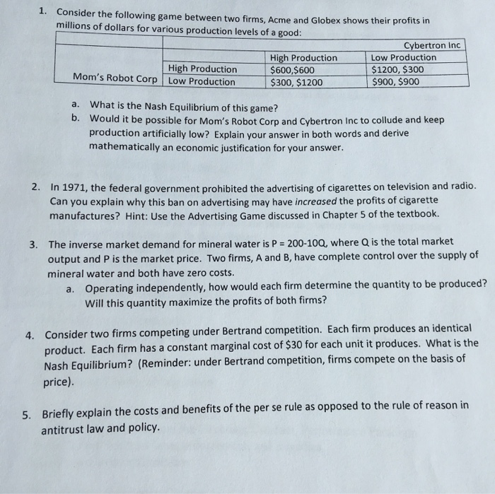 Solved 1. Consider the following game between two firms, | Chegg.com