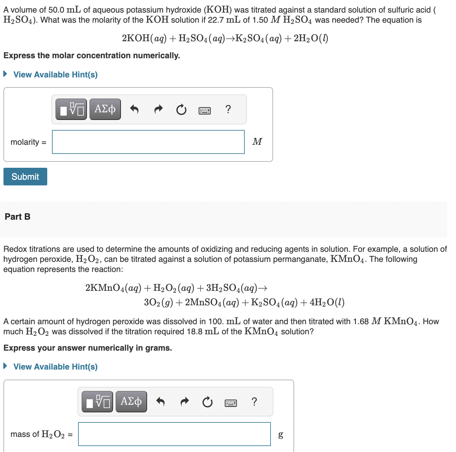 Solved A volume of 50.0 mL of aqueous potassium hydroxide | Chegg.com